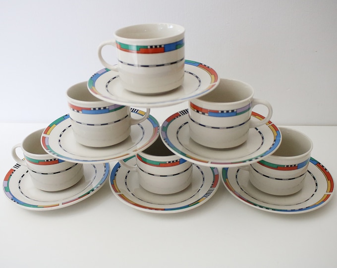 Set of 6 1980's Maplehill Stoneware Cups and Saucers - Memphis Like ...