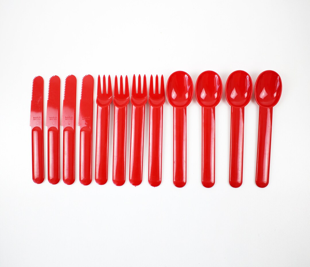 Bodum 1980s / 90s Modernist Picnic Flatware Set for 4 - Red Plastic ...