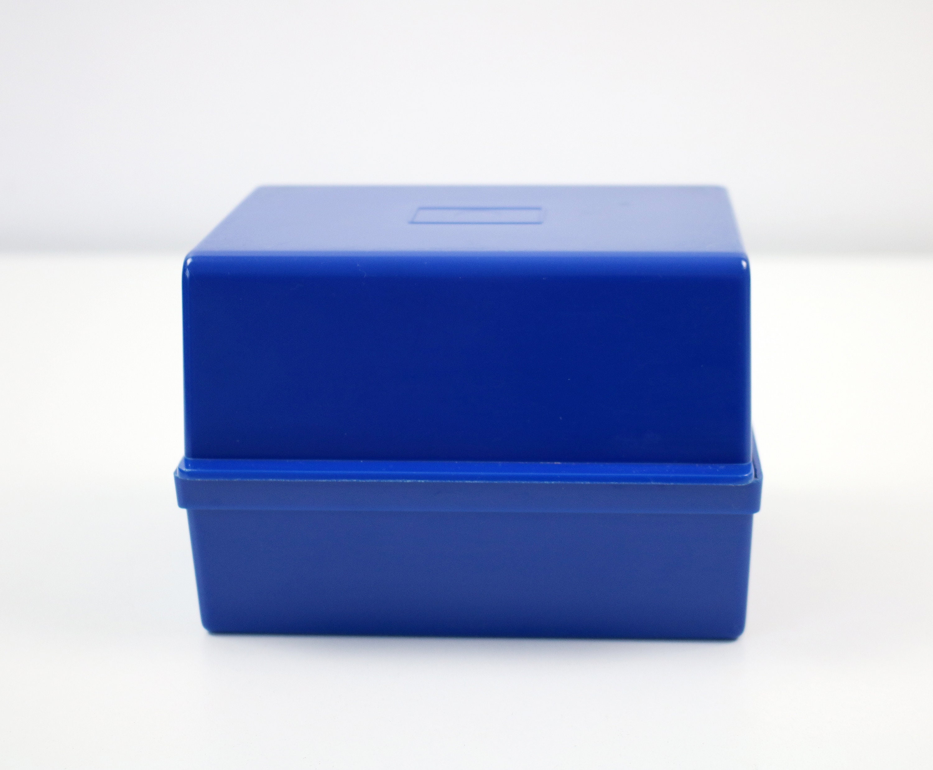 Vintage Card Index Box File In Blue Hard Plastic With Yellow Index vintage-card-index-box-file-in-blue-hard-plastic-with-yellow-index