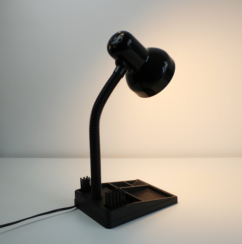 1980s Bendy Lamp With Desk Tidy and Pencil Holders - Black Plastic and ...
