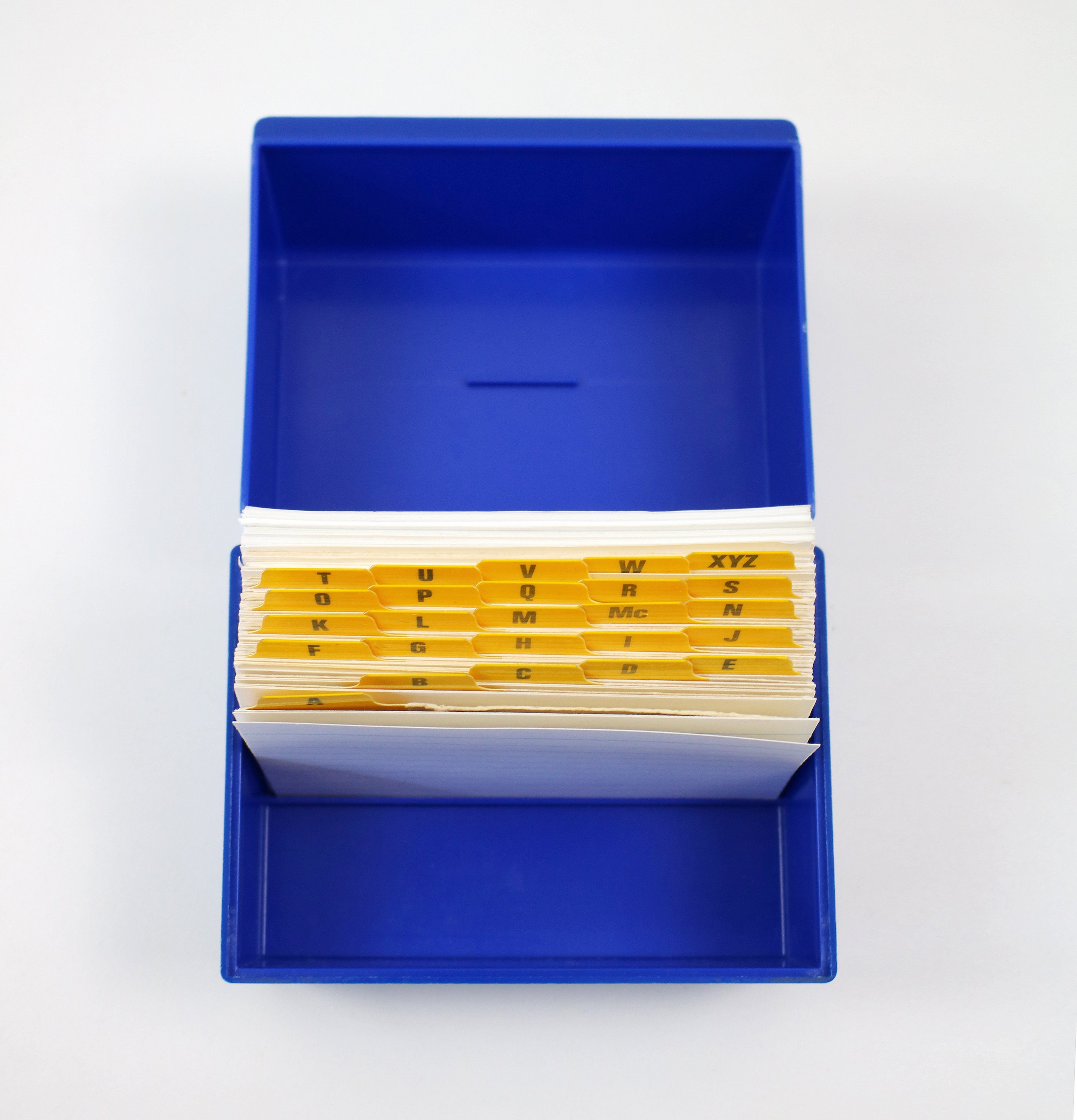 Vintage Card Index Box File In Blue Hard Plastic With Yellow Index vintage-card-index-box-file-in-blue-hard-plastic-with-yellow-index
