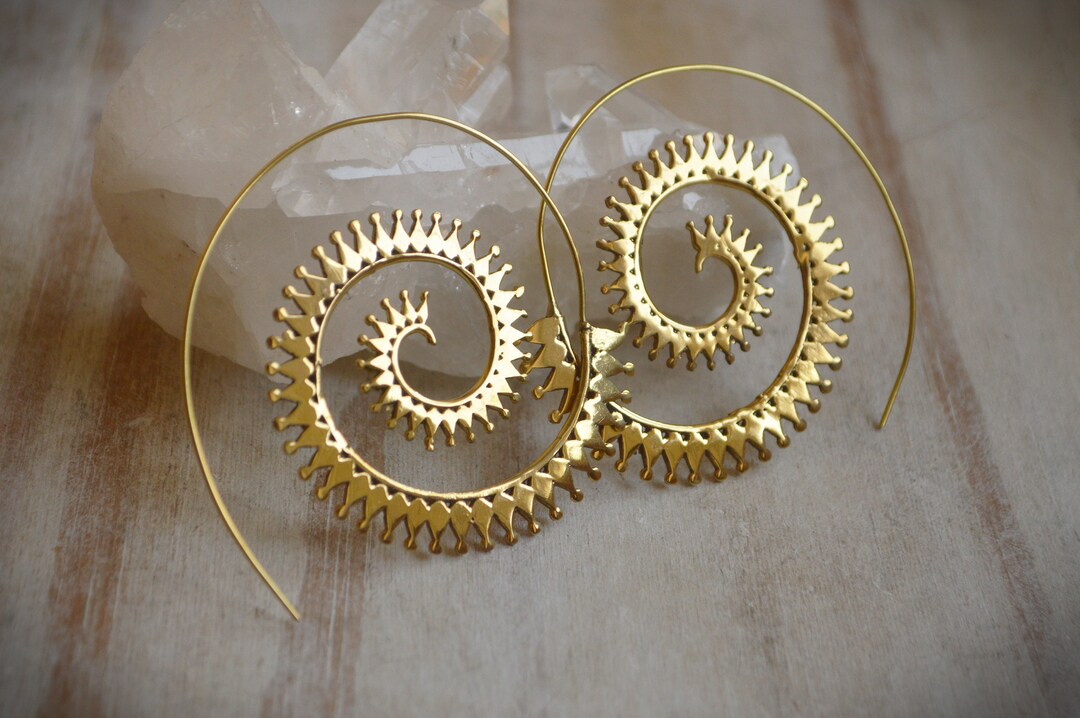 LUMA* Large Detailed Brass Spiral Hoops. Golden Brass Dotty Tribal ...