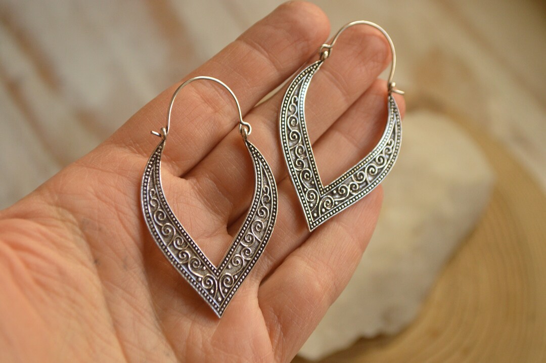 ALINTA Silver Ornate Pointy Ethnic Hoop Earrings. Boho Ornate Tribal Jewellery - Etsy UK