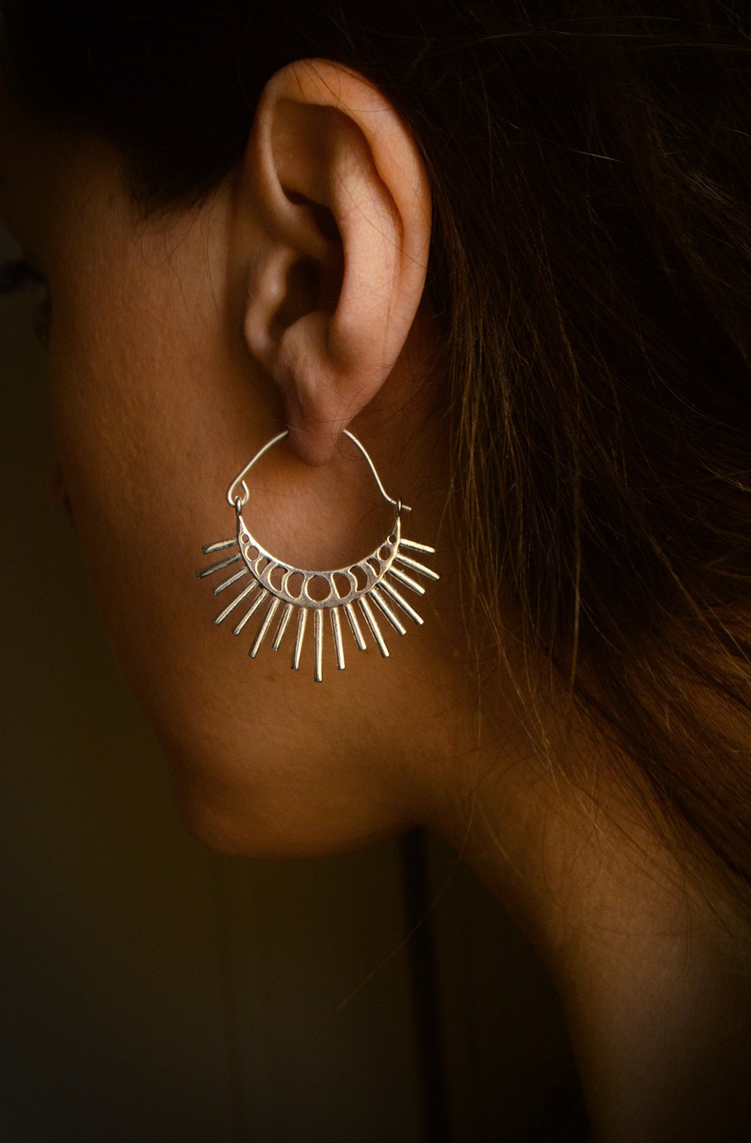 COSMO EARRINGS* Sun and Moon Silver Hoops. Sunbeam and Lunar Cycle ...