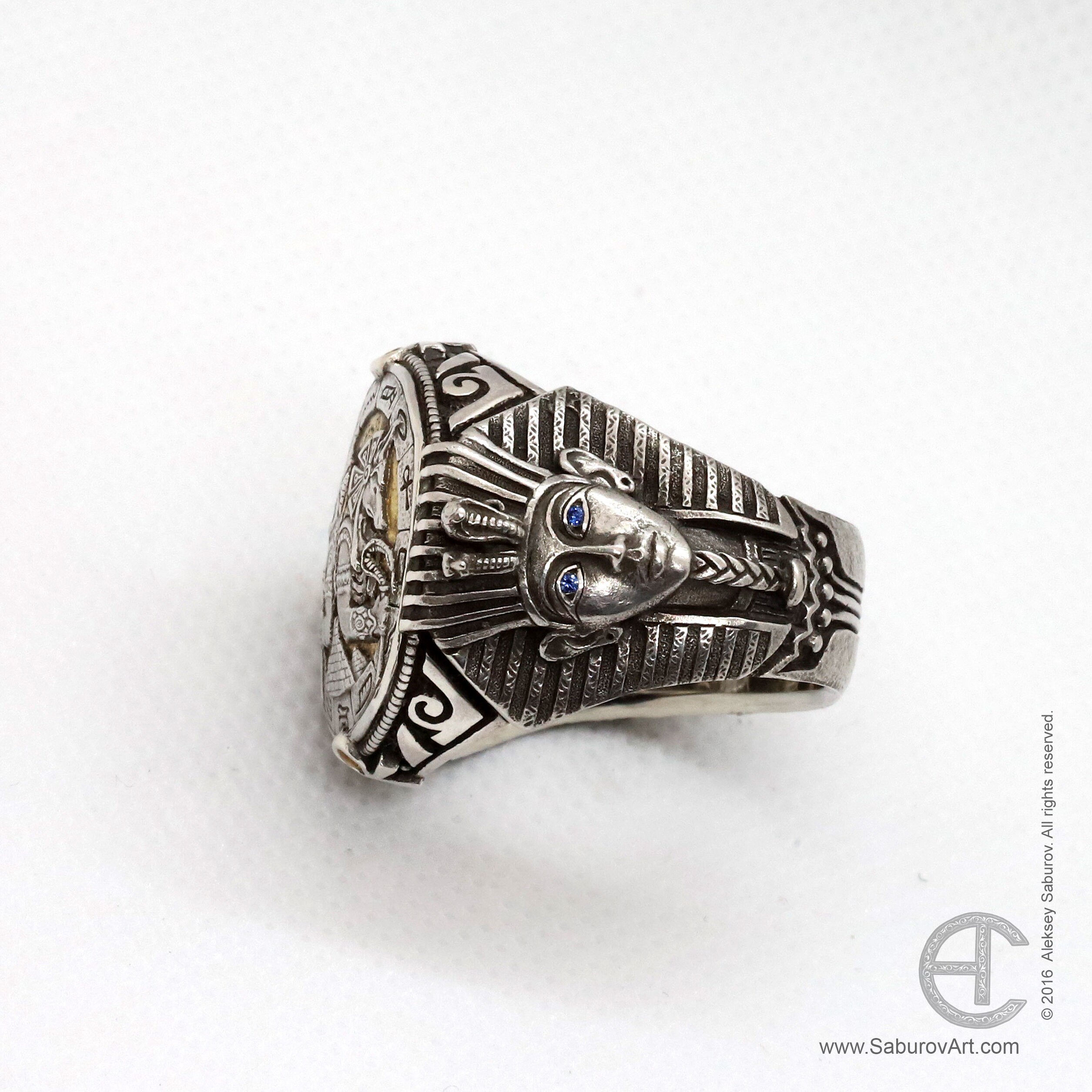 Horus & Anubis Ring With 24K Gold Inlay and Sapphires, Saburov Art ...