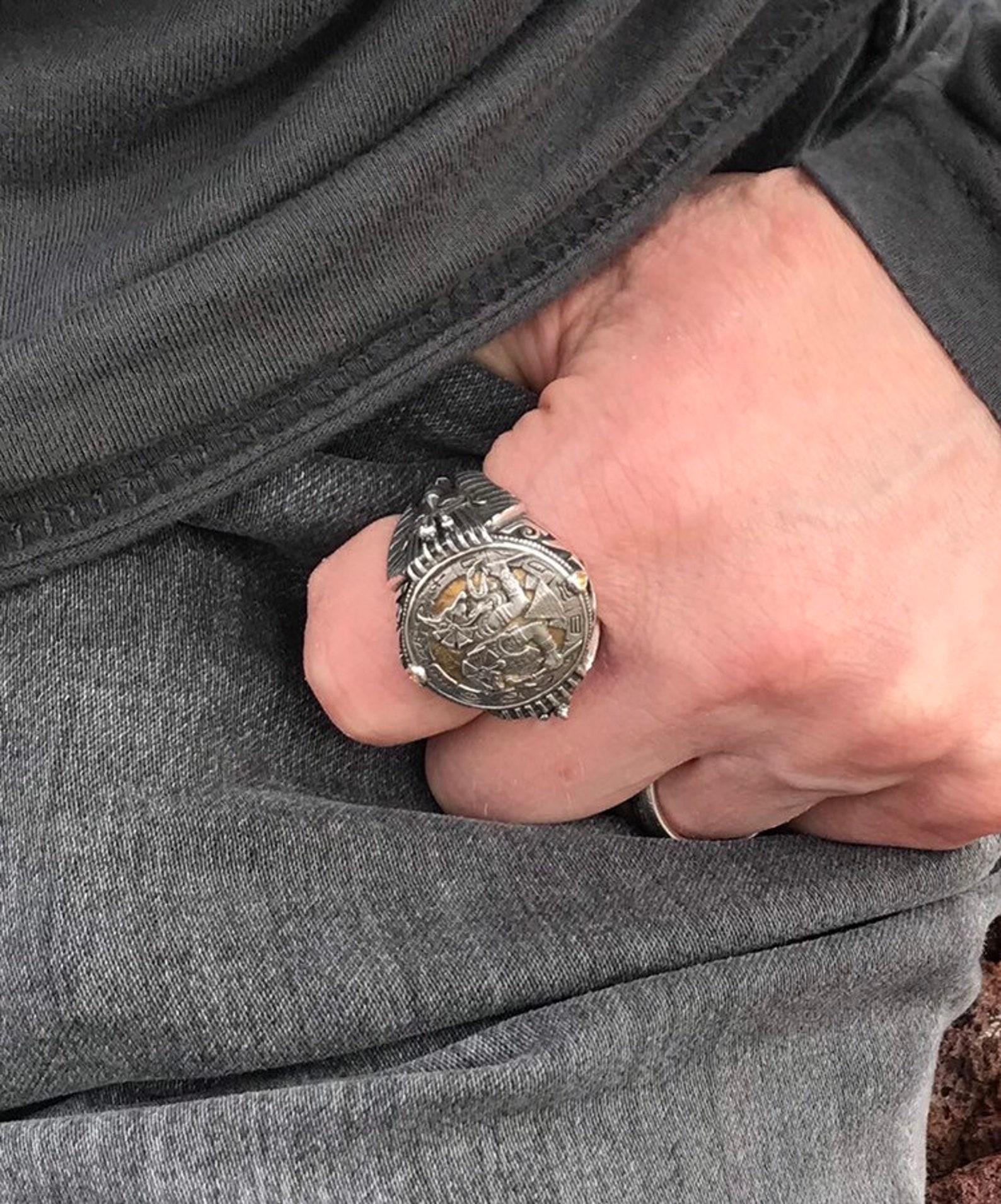 Horus & Anubis Ring With 24K Gold Inlay and Sapphires, Saburov Art ...