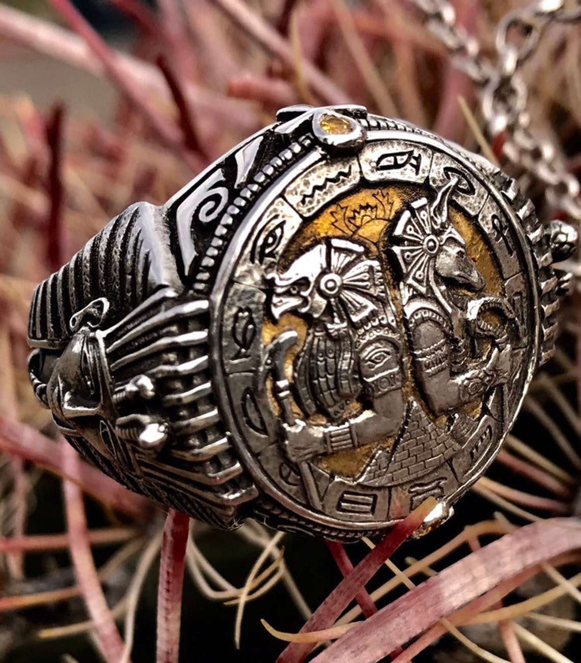 Horus & Anubis Ring With 24K Gold Inlay and Sapphires, Saburov Art ...