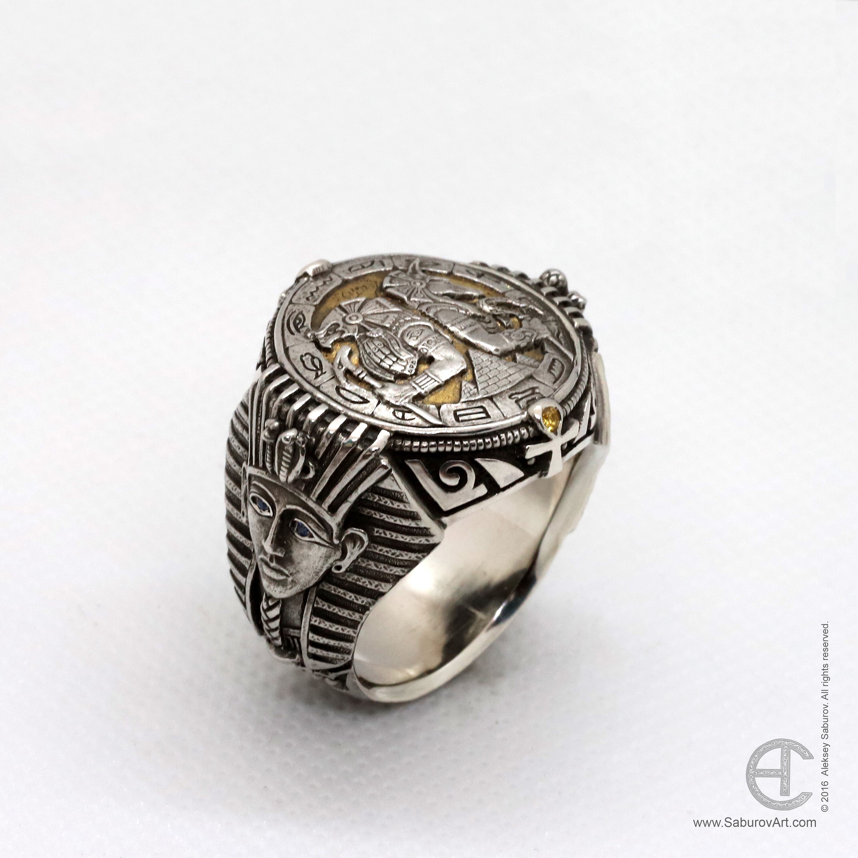 Horus & Anubis Ring With 24K Gold Inlay and Sapphires, Saburov Art ...