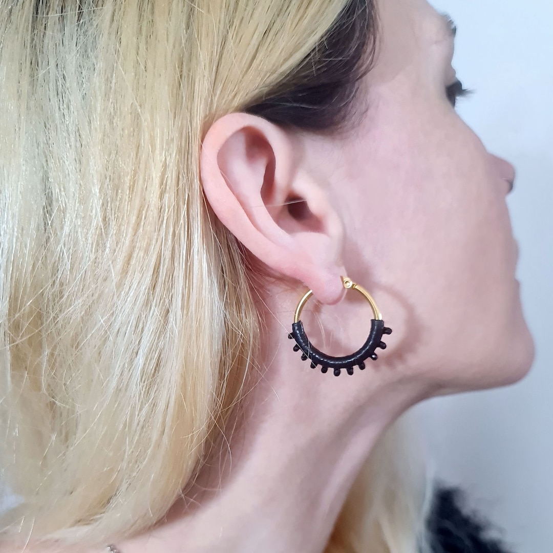 Small Hoop Goth Earrings in Black Leather - Punk Earrings - Grunge ...