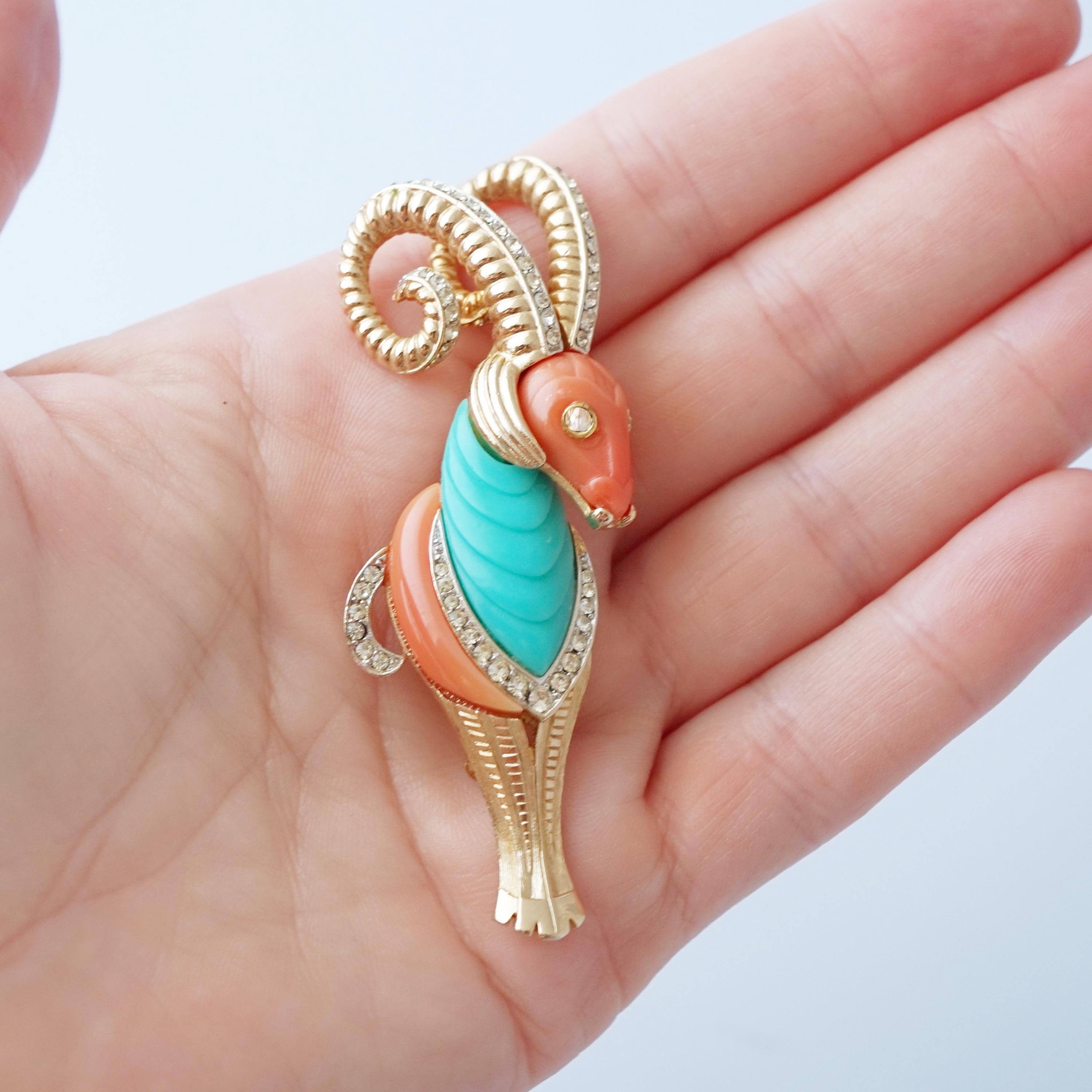 Coral and Turquoise Lucite Gilded Ram Figural Brooch by Hattie Carnegie ...