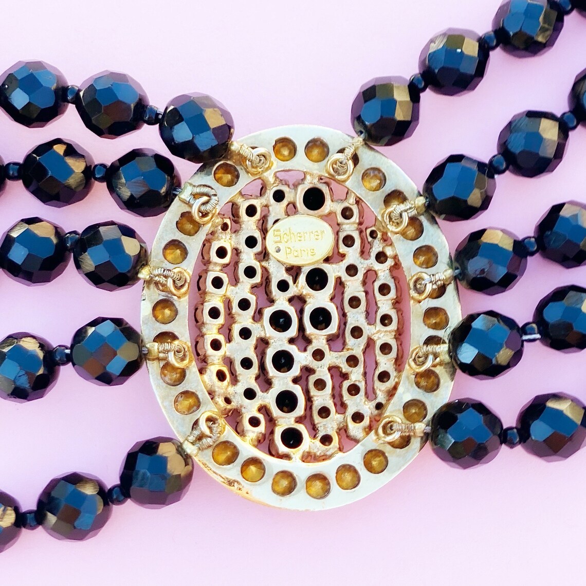 Vintage Five Strand Faceted Jet Beaded Choker Statement Necklace With ...