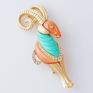 Coral and Turquoise Lucite Gilded Ram Figural Brooch by Hattie Carnegie ...