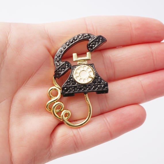 Figural Black Enamel Rotary Telephone Brooch By Danec… - Gem