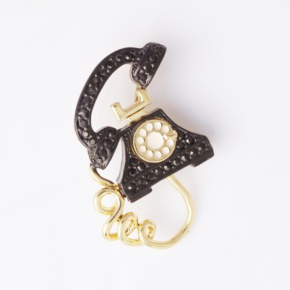 Figural Black Enamel Rotary Telephone Brooch By Danec… - Gem