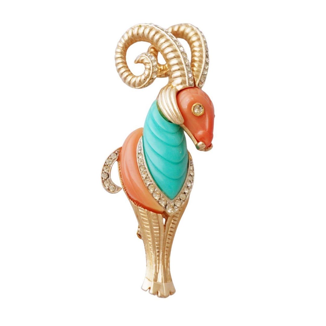 Coral and Turquoise Lucite Gilded Ram Figural Brooch by Hattie Carnegie ...