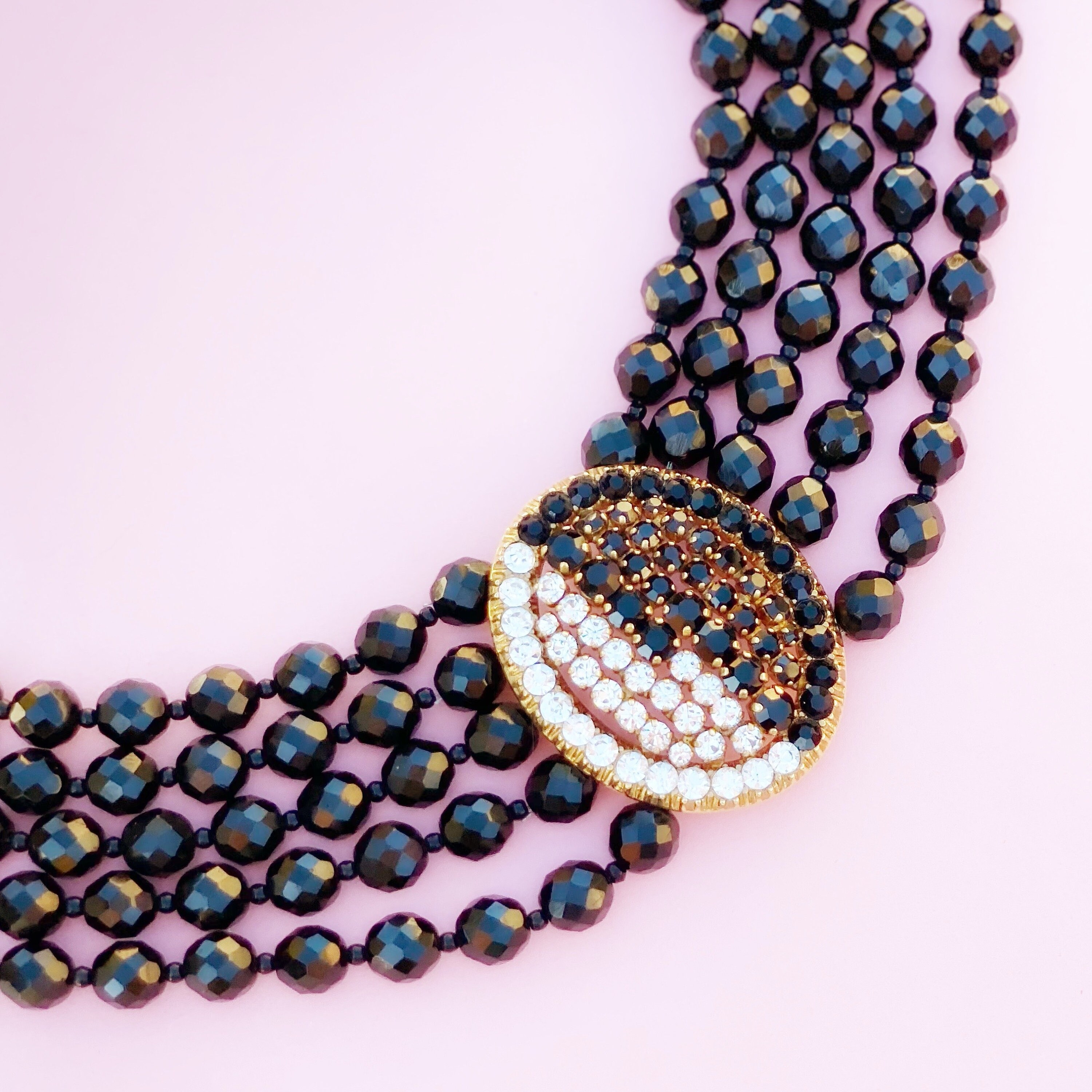 Vintage Five Strand Faceted Jet Beaded Choker Statement Necklace With ...