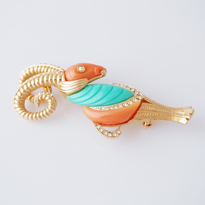 Coral and Turquoise Lucite Gilded Ram Figural Brooch by Hattie Carnegie ...