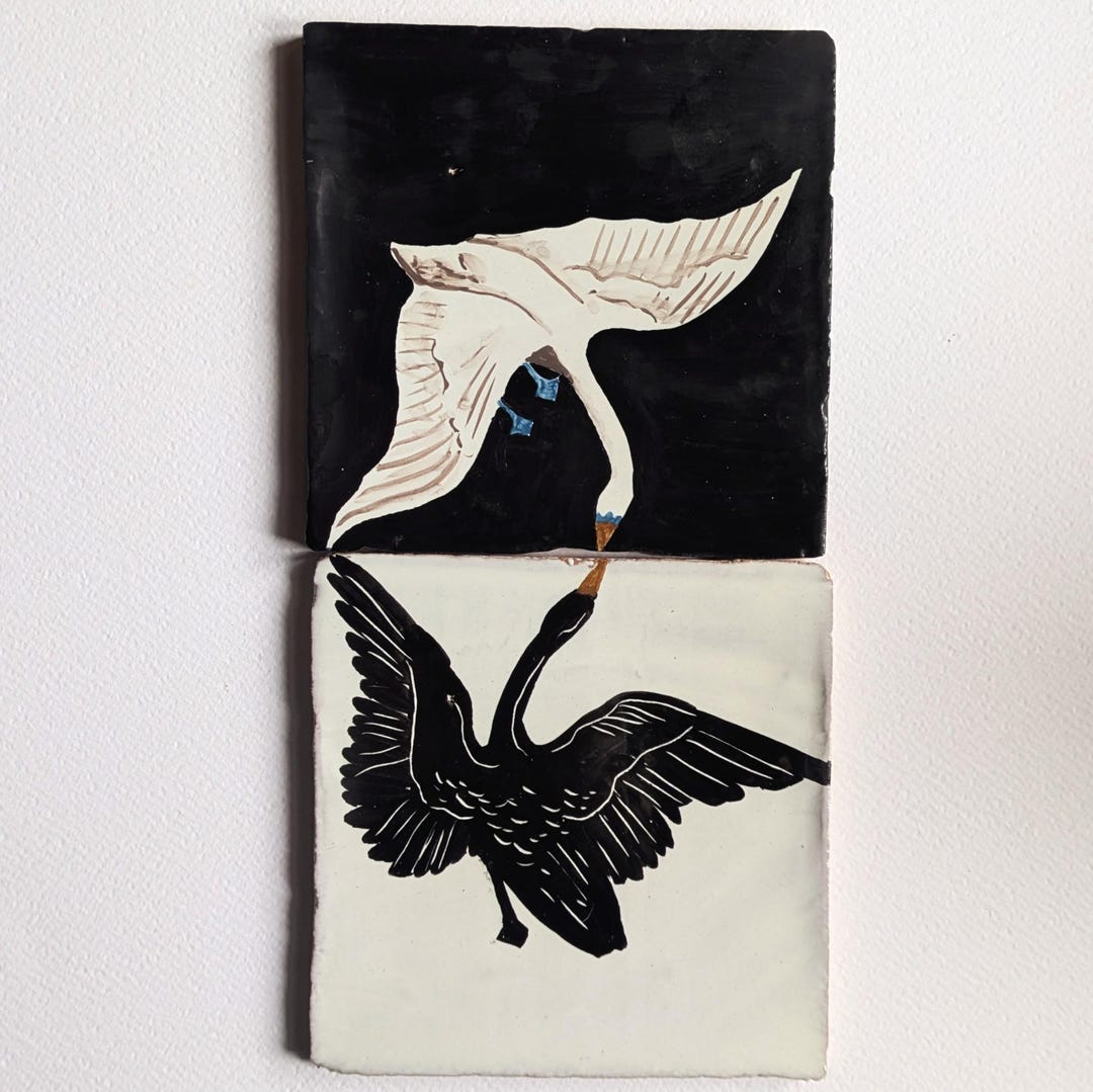 Hand Painted Swan Ceramic Tiles (set of 2 or Individual), Hilma Af ...