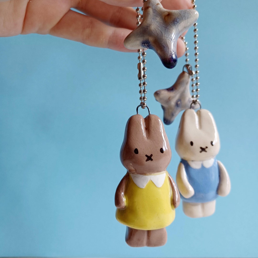 Rabbit Clay Charm, Bunny Keychain, Handmade Rabbit Bag Charm, Ceramic ...