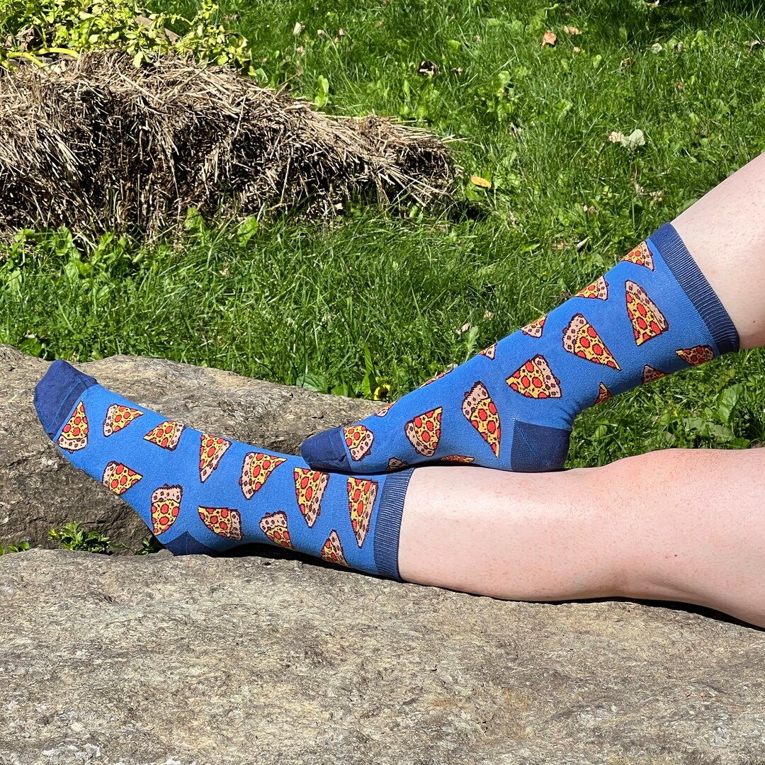 Pizza Party Socks | Blue Pepperoni Pizza Slice Socks | Food Patterned ...