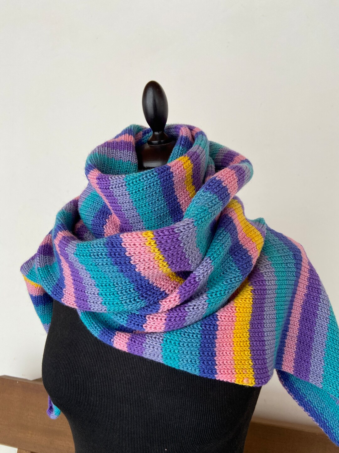 Knitted Blue Purple Pink Yellow Striped Scarf Oversized Neck Warmer ...