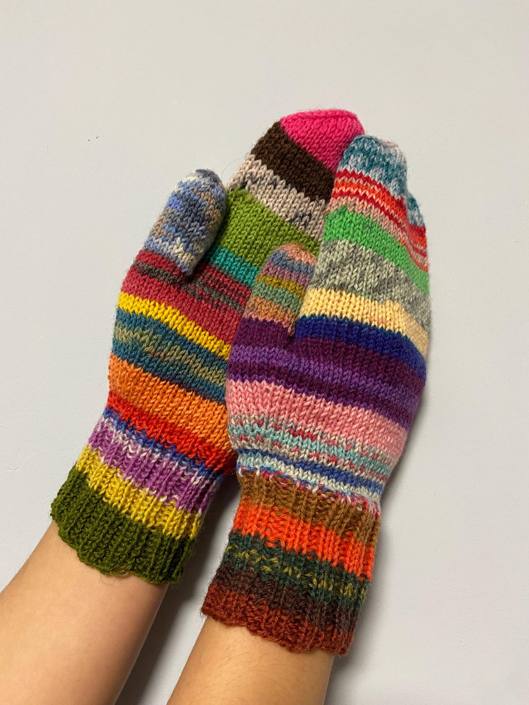 Colorful Knitted Mittens Striped Mittens Hand Knit Scrappy Mittens ...