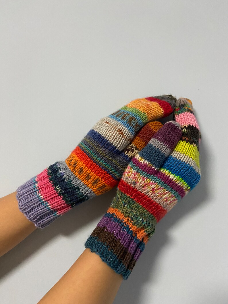 Colorful Knitted Mittens Striped Mittens Hand Knit - Etsy