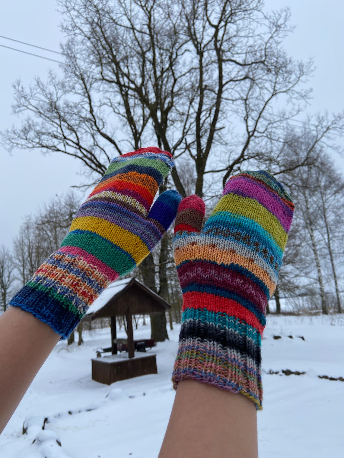 Colorful Knitted Mittens Striped Mittens Hand Knit Scrappy Mittens ...