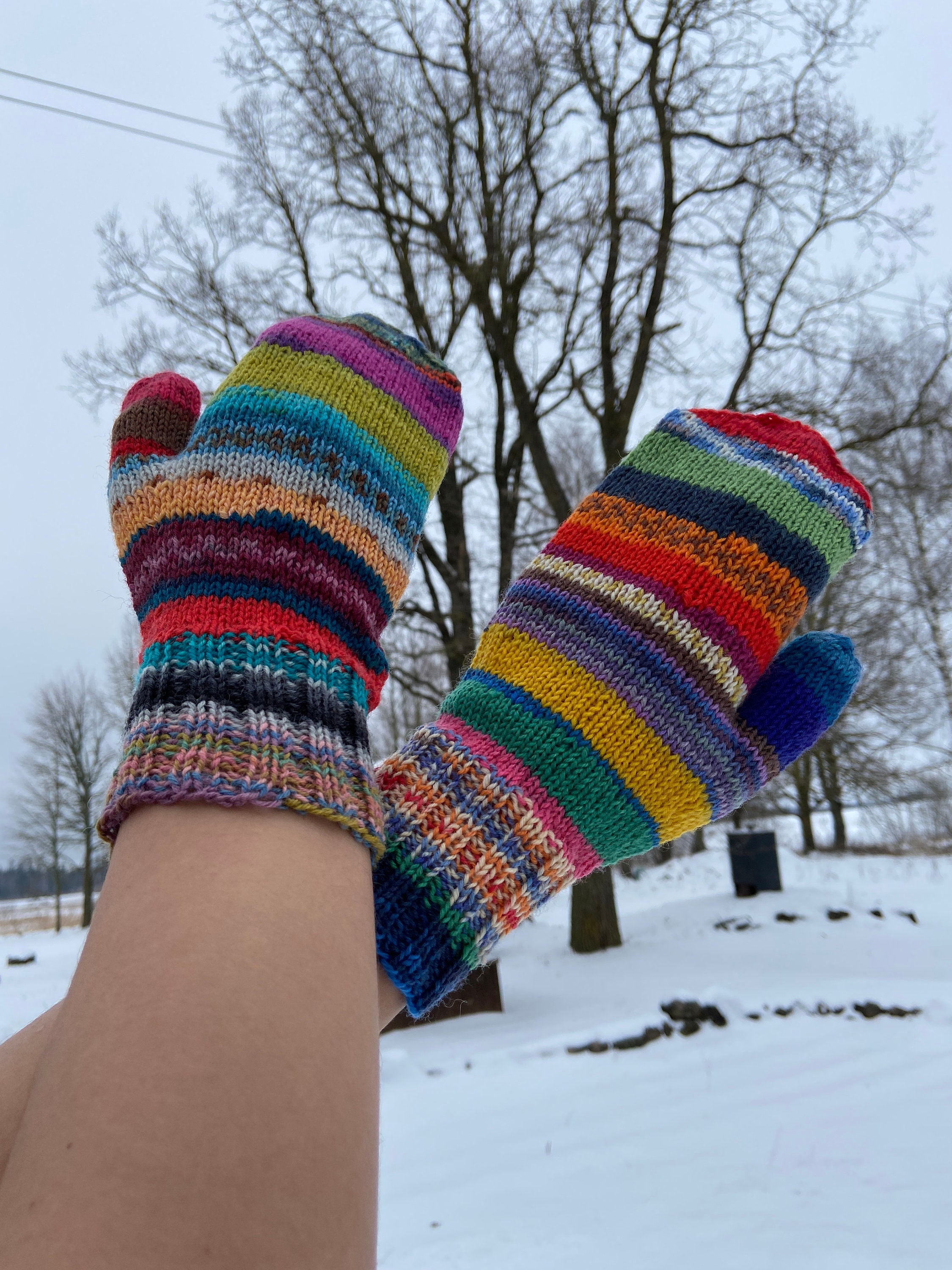 Colorful Knitted Mittens Striped Mittens Hand Knit Scrappy Mittens ...