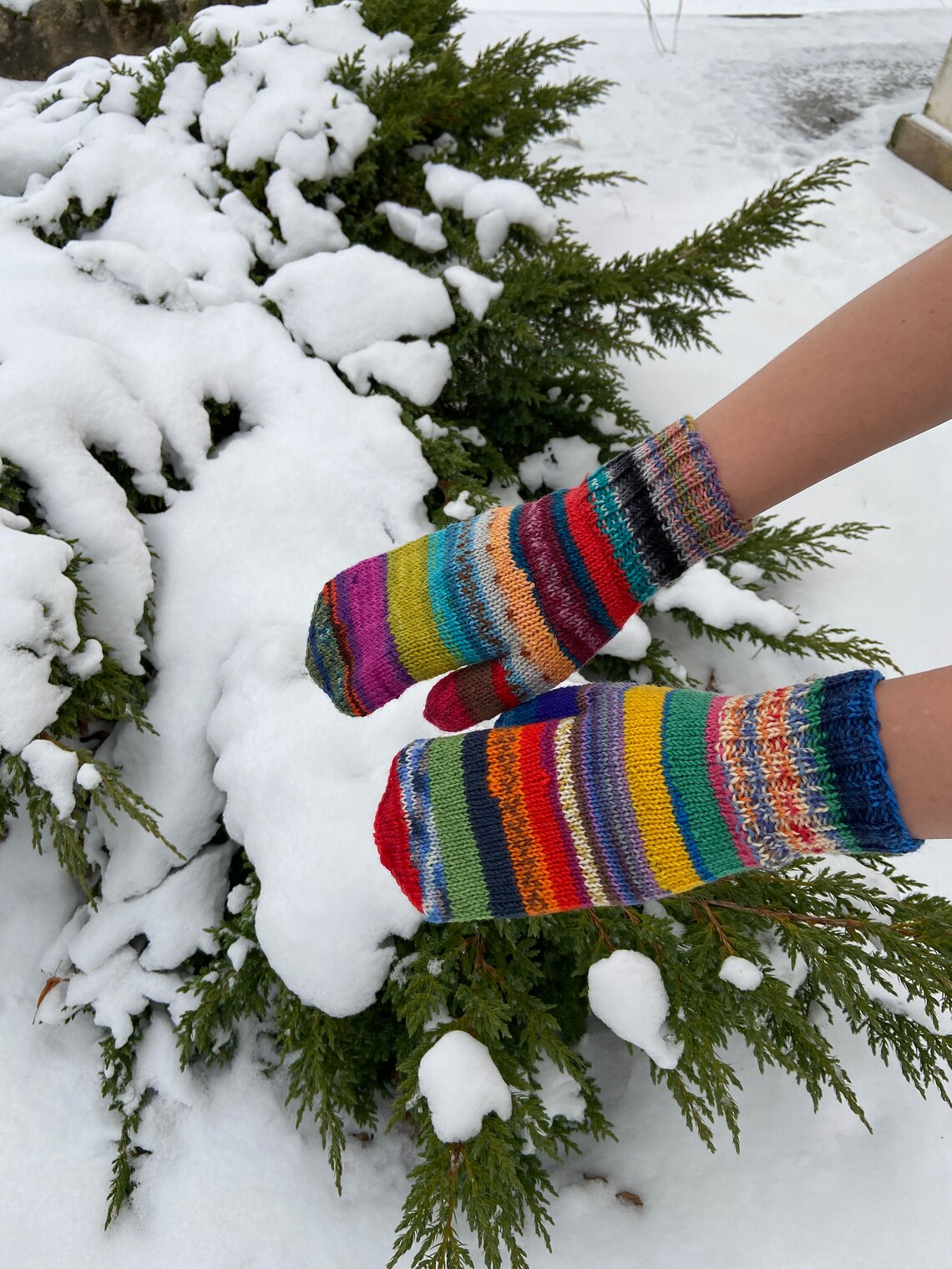 Colorful Knitted Mittens Striped Mittens Hand Knit Scrappy Mittens ...