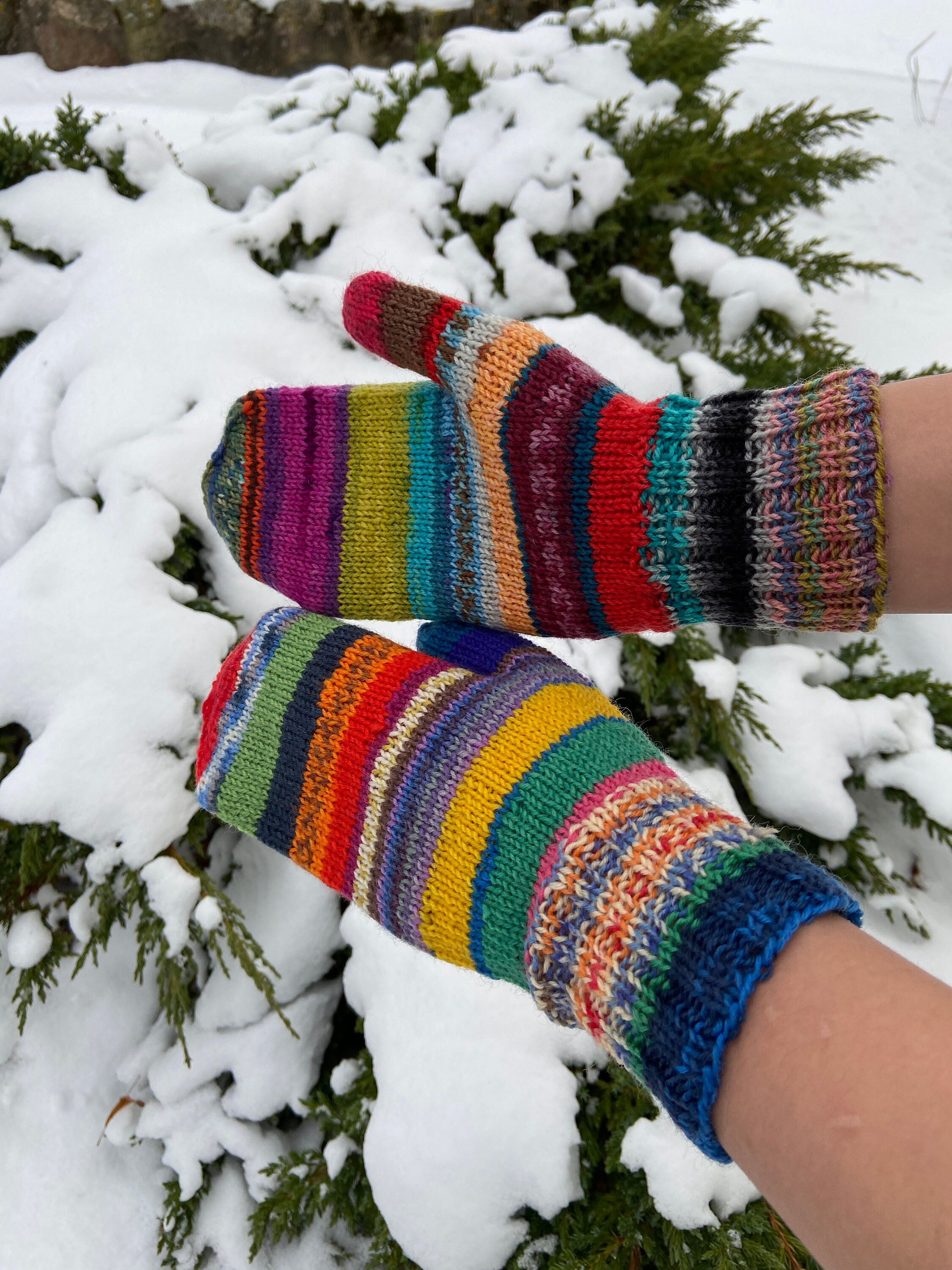 Colorful Knitted Mittens Striped Mittens Hand Knit Scrappy Mittens ...