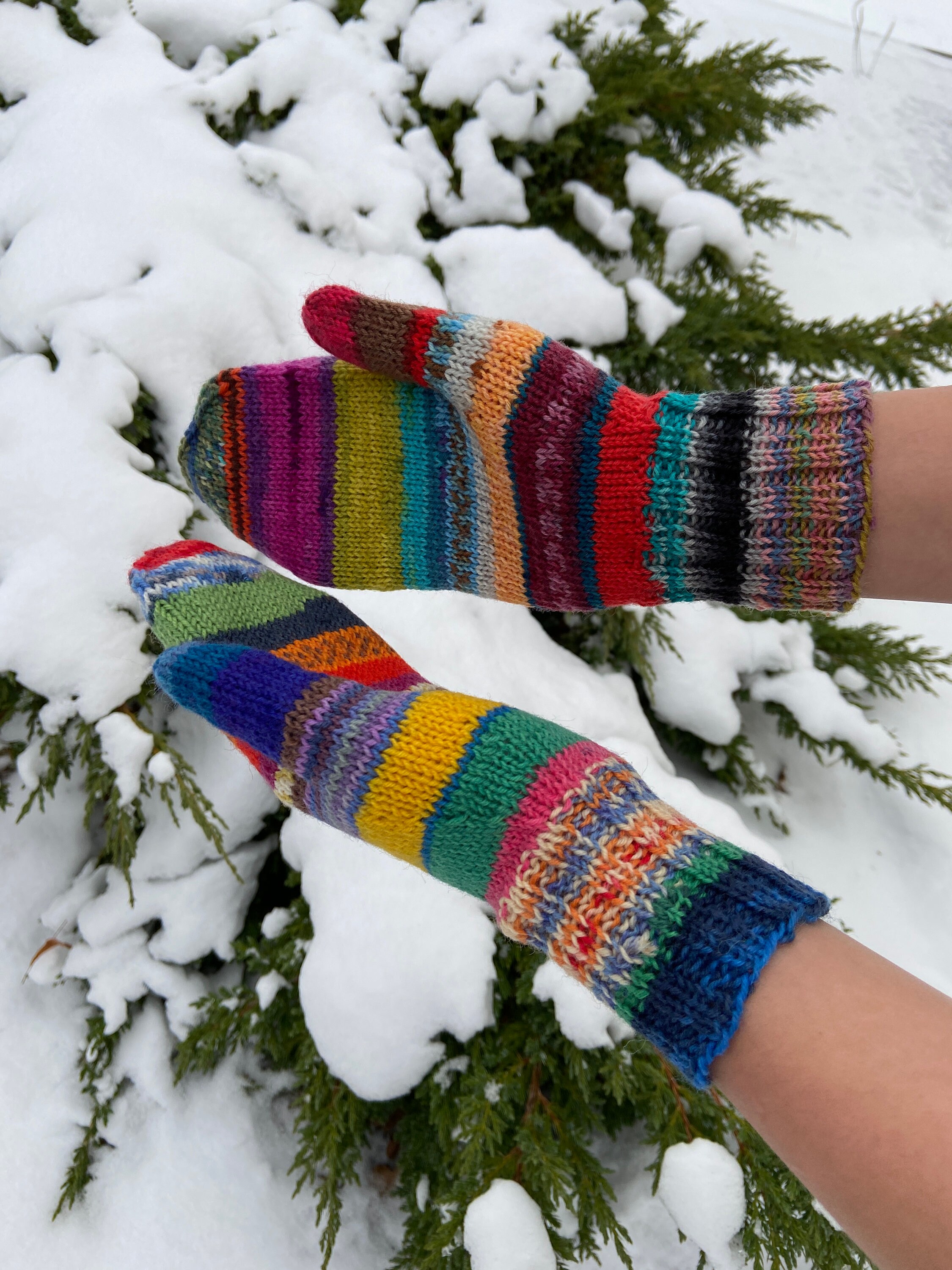 Colorful Knitted Mittens Striped Mittens Hand Knit Scrappy Mittens ...