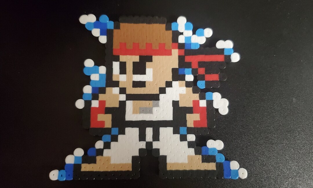 Ryu Street Fighter Perler Bead 8bit 32 Bit Blue White Flames Haduken ...