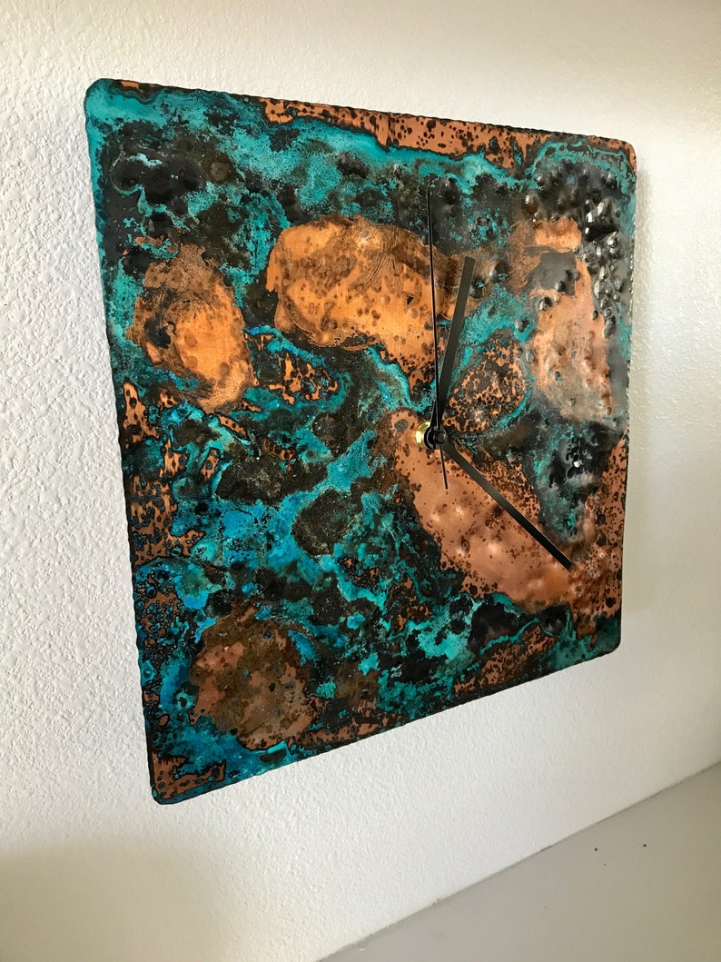 Dark Turquoise Square Clock copper and patina square wall | Etsy