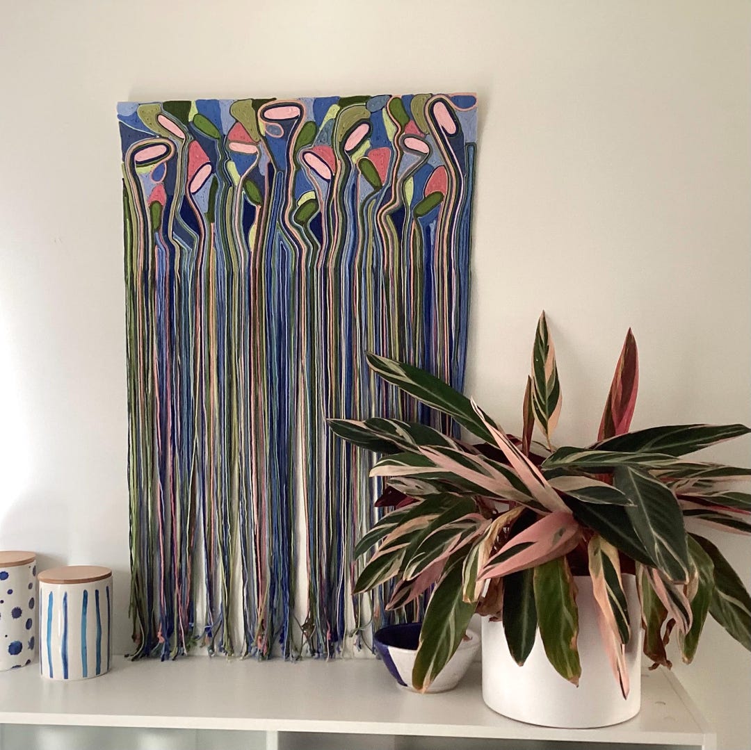 Unique Fiber Art Tapestry ,wallhanging With Pink & Blue Cotton Fringe ...