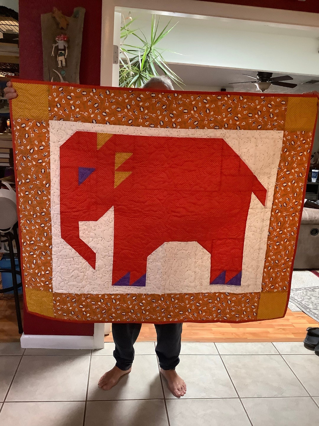 Elephant Baby Quilt, Elephant Quilt, Bright Orange Elephant Quilt ...