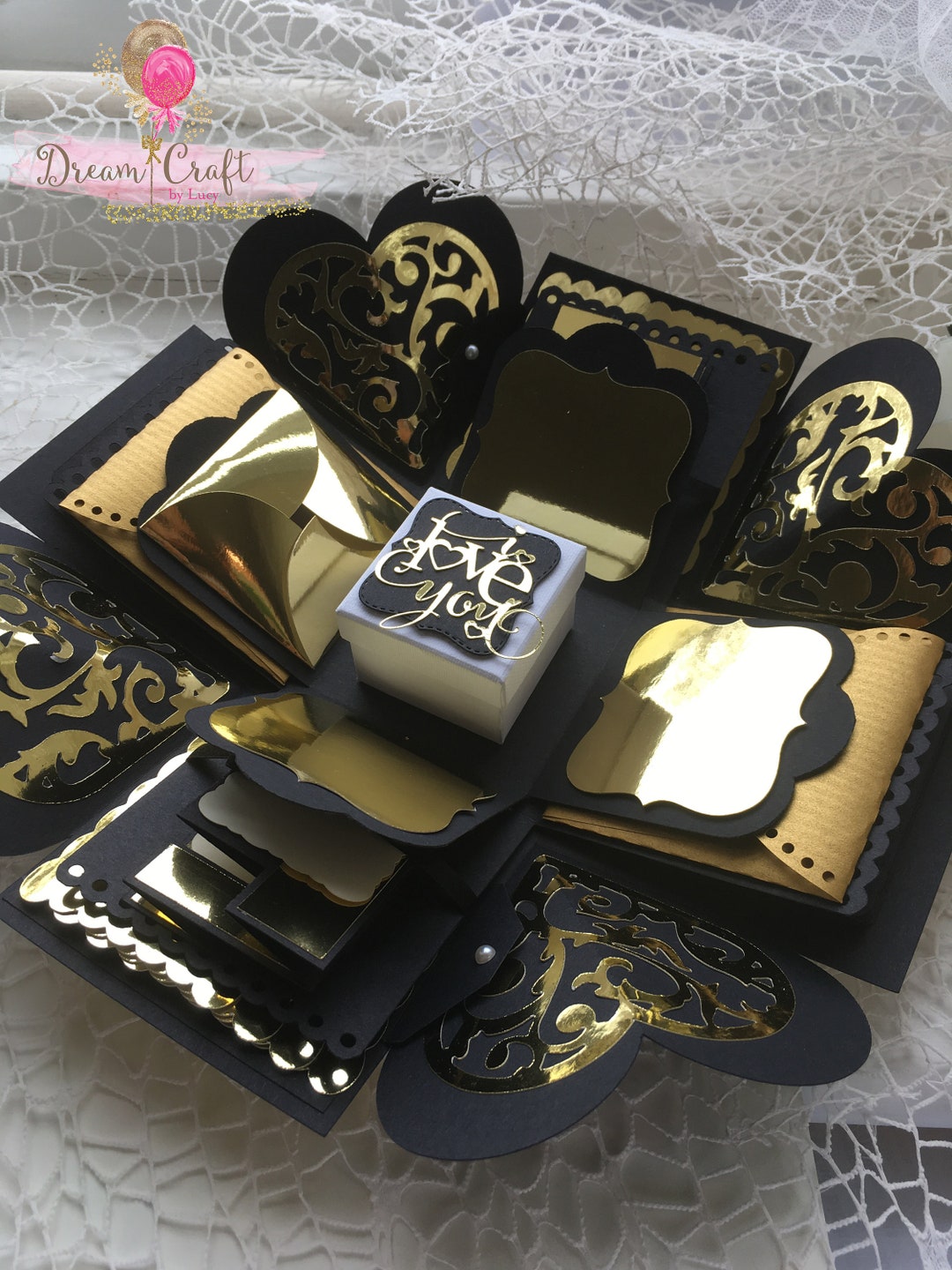 Explosion Box Black and Gold, Christmas Present, Anniversary Photo Box ...
