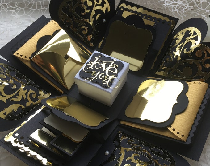 Explosion Box Black and Gold, Christmas Present, Anniversary Photo Box ...