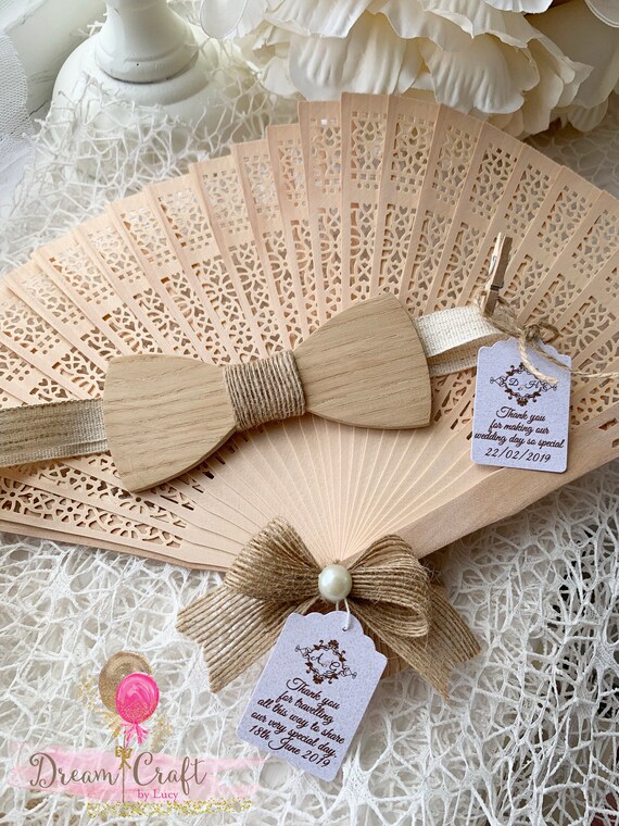 10 Rustic Wedding Hand Fans With Wooden Bow Ties and Personalised Tags Etsy