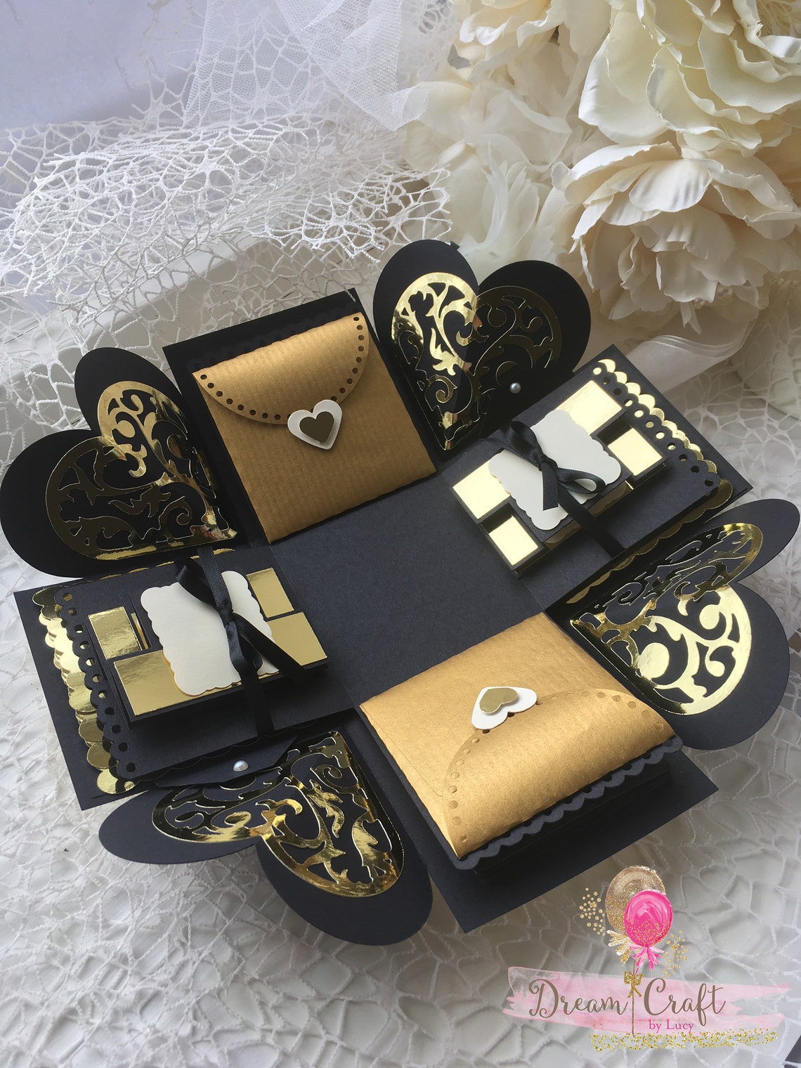 Explosion Box Black and Gold Christmas present Anniversary | Etsy