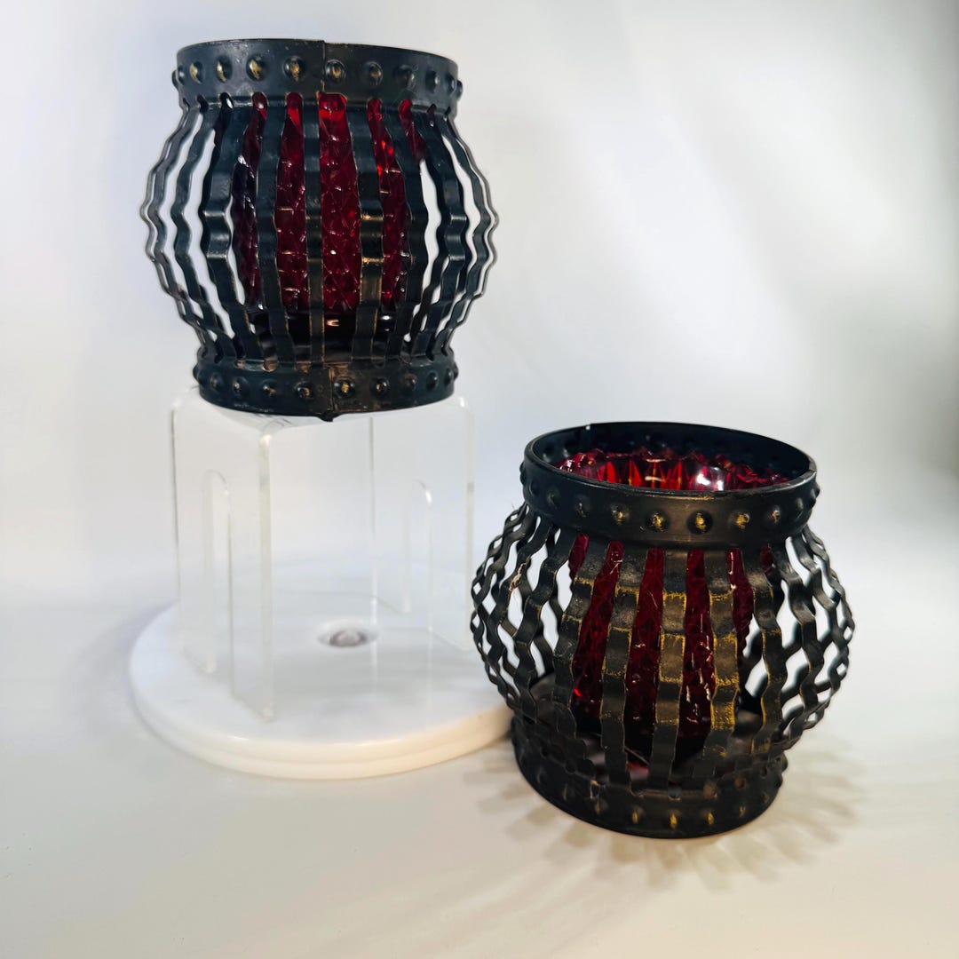 Vintage Black Metal Cage Candle Holders Pair Red Votive Inserts MCM ...
