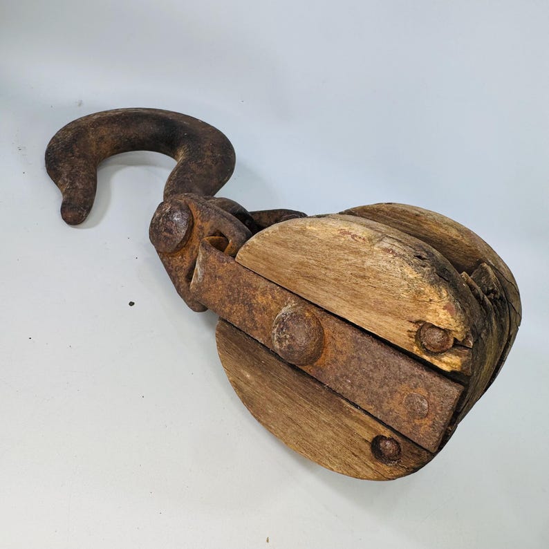 Antique Wood Pulley With Iron Hook, Rustic Barn Block Tackle, Farmhouse ...