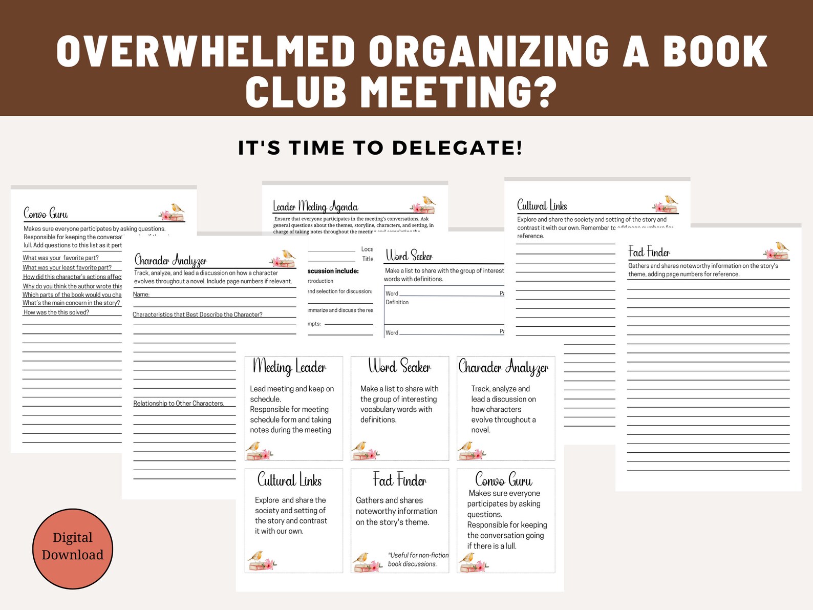 Book Club Role Cards & Role Responsibilities System Cute Printable ...