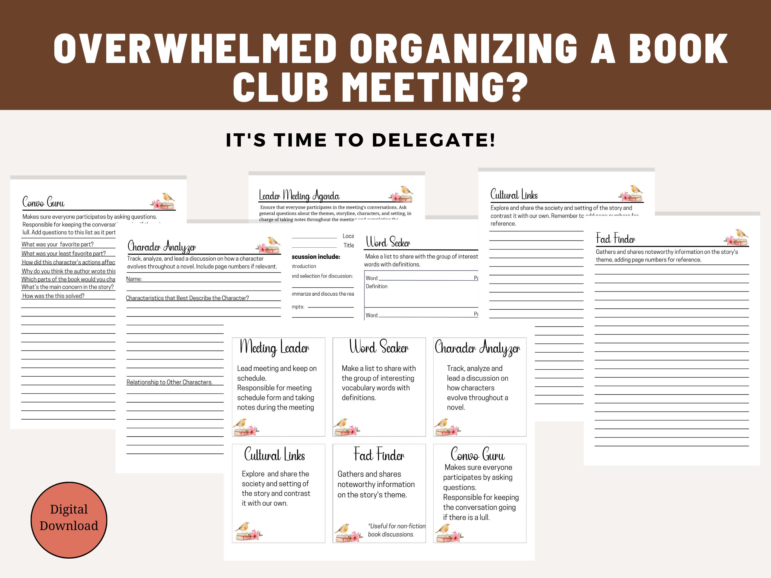 Book Club Role Cards & Role Responsibilities System Cute Printable ...