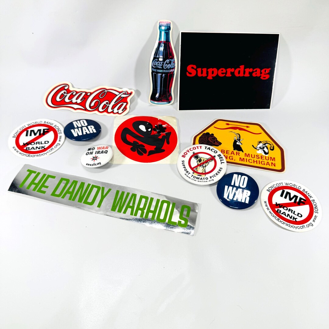 Vintage Sticker & Pin Lot | Coca-cola, Superdrag, Anti-war Buttons ...