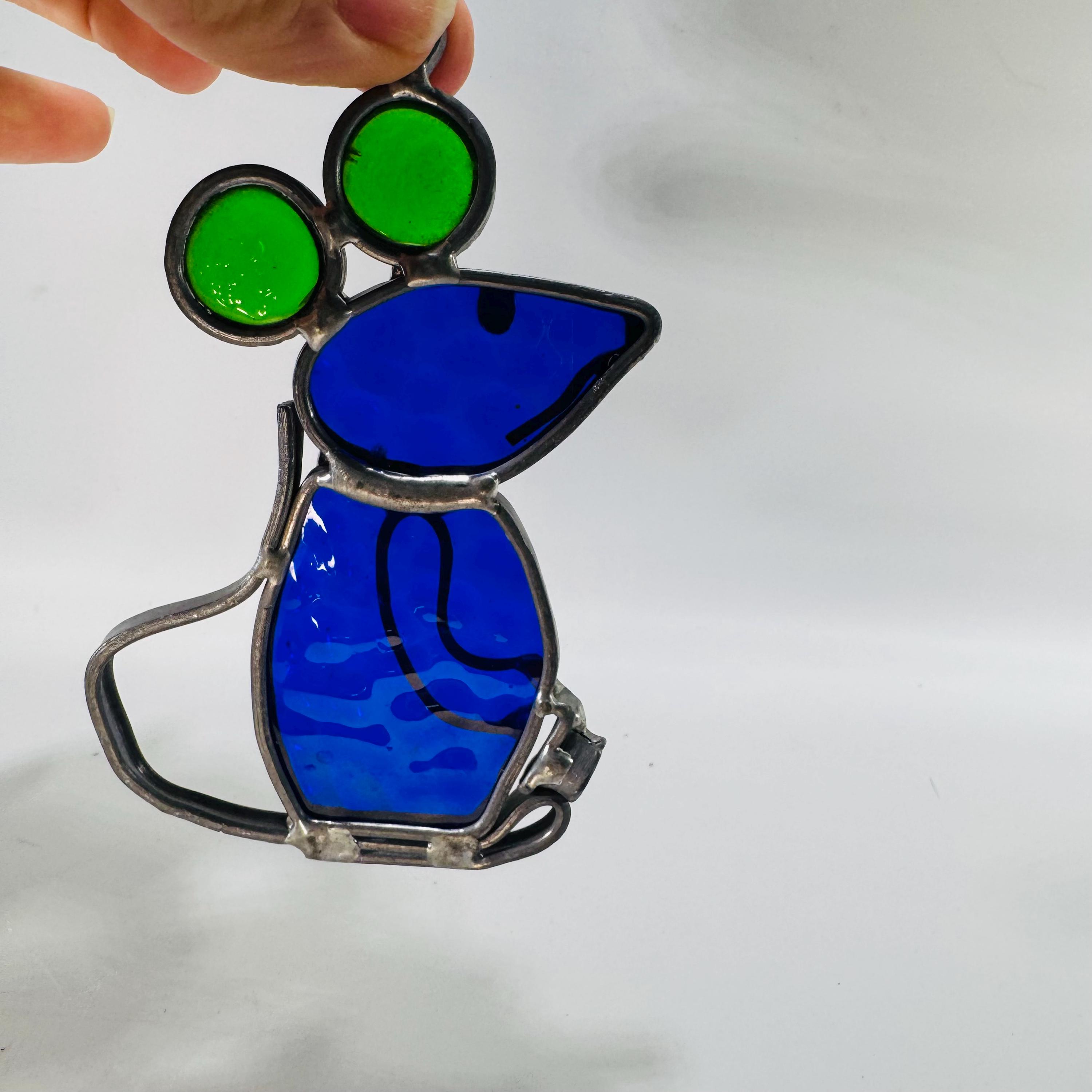 Stained Glass Mouse Suncatcher Ornament Blue Green Window Hanging 5x3 ...