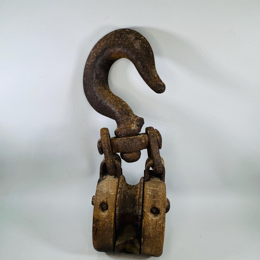 Antique Wood Pulley With Iron Hook, Rustic Barn Block Tackle, Farmhouse ...