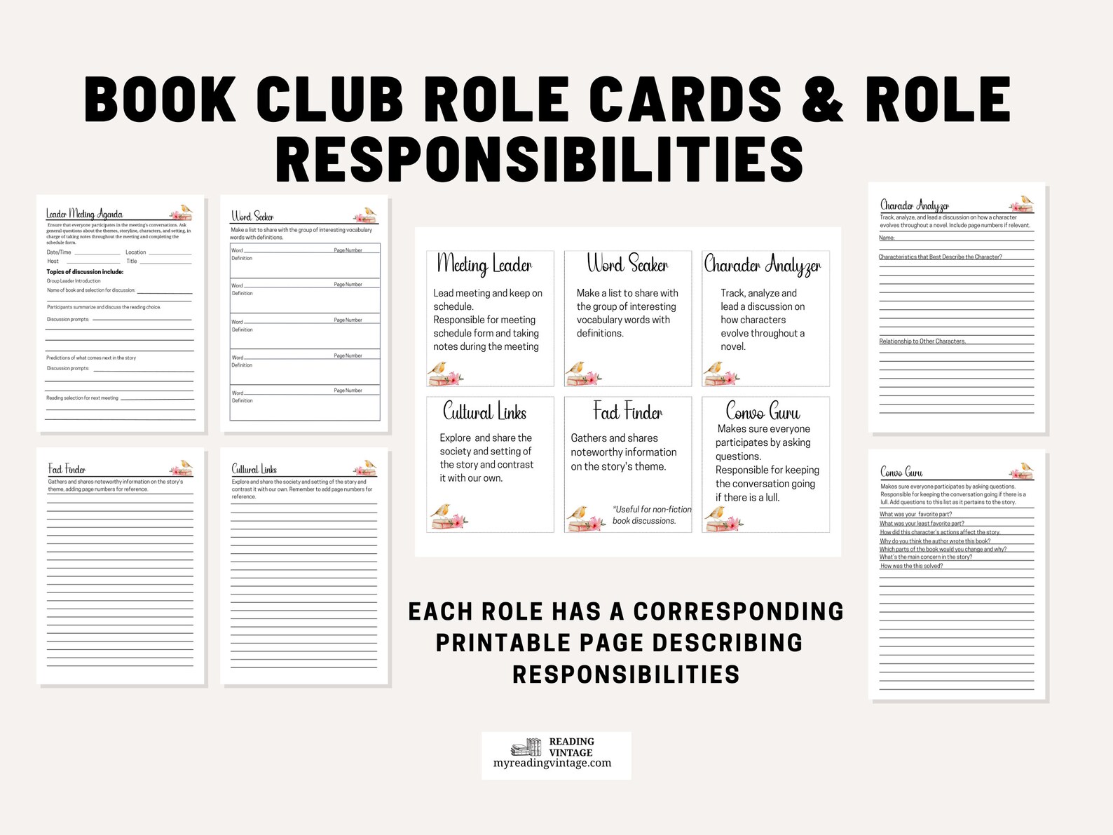 Book Club Role Cards & Role Responsibilities System Cute Printable ...