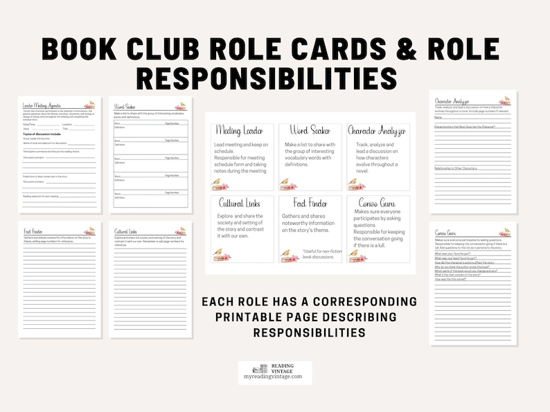 Book Club Role Cards & Role Responsibilities System Cute Printable ...