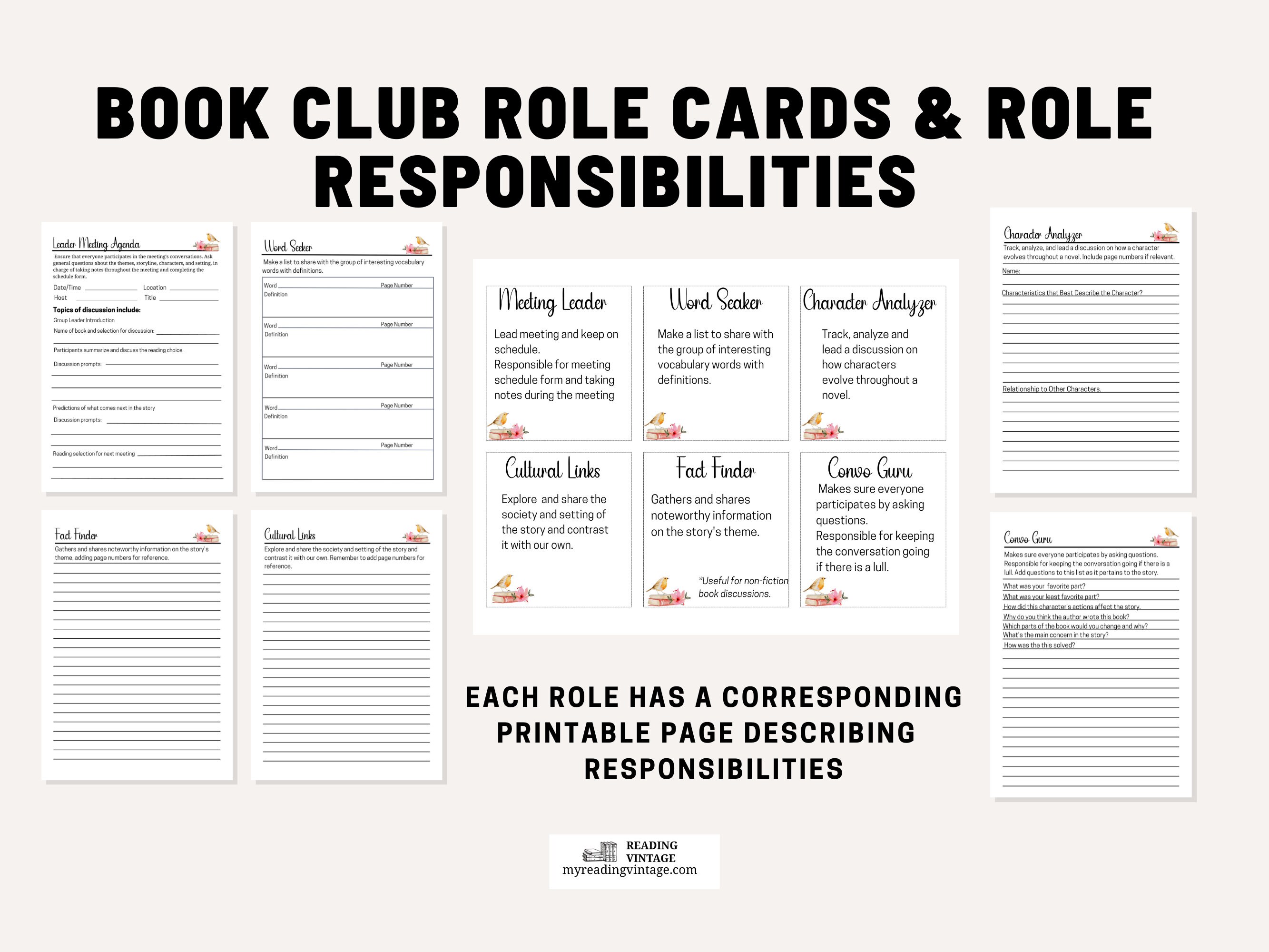 Book Club Role Cards & Role Responsibilities System Cute Printable ...